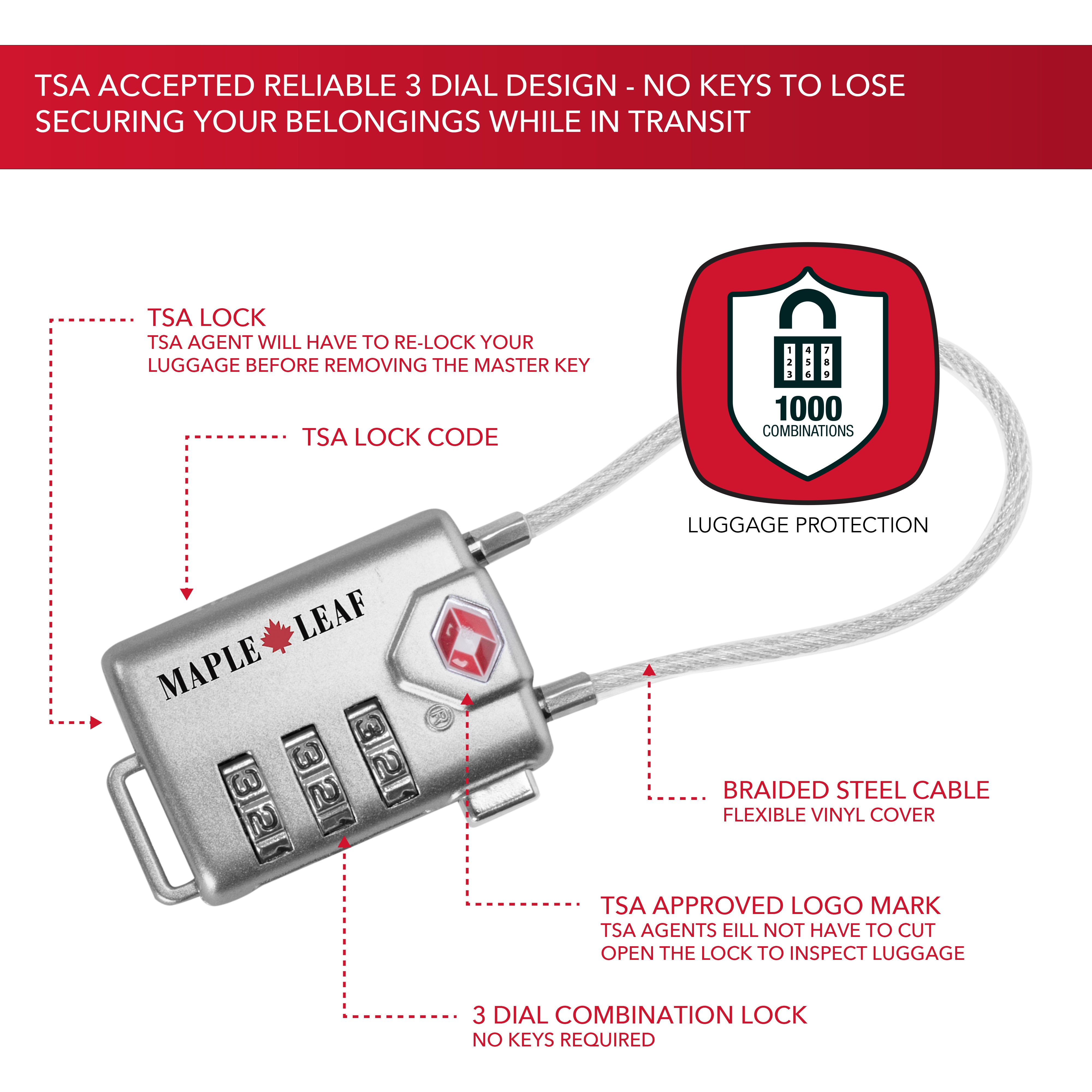 Maple Leaf Easy Locking Flex Cable 3 Dial Combination Lock – Maple Leaf ...